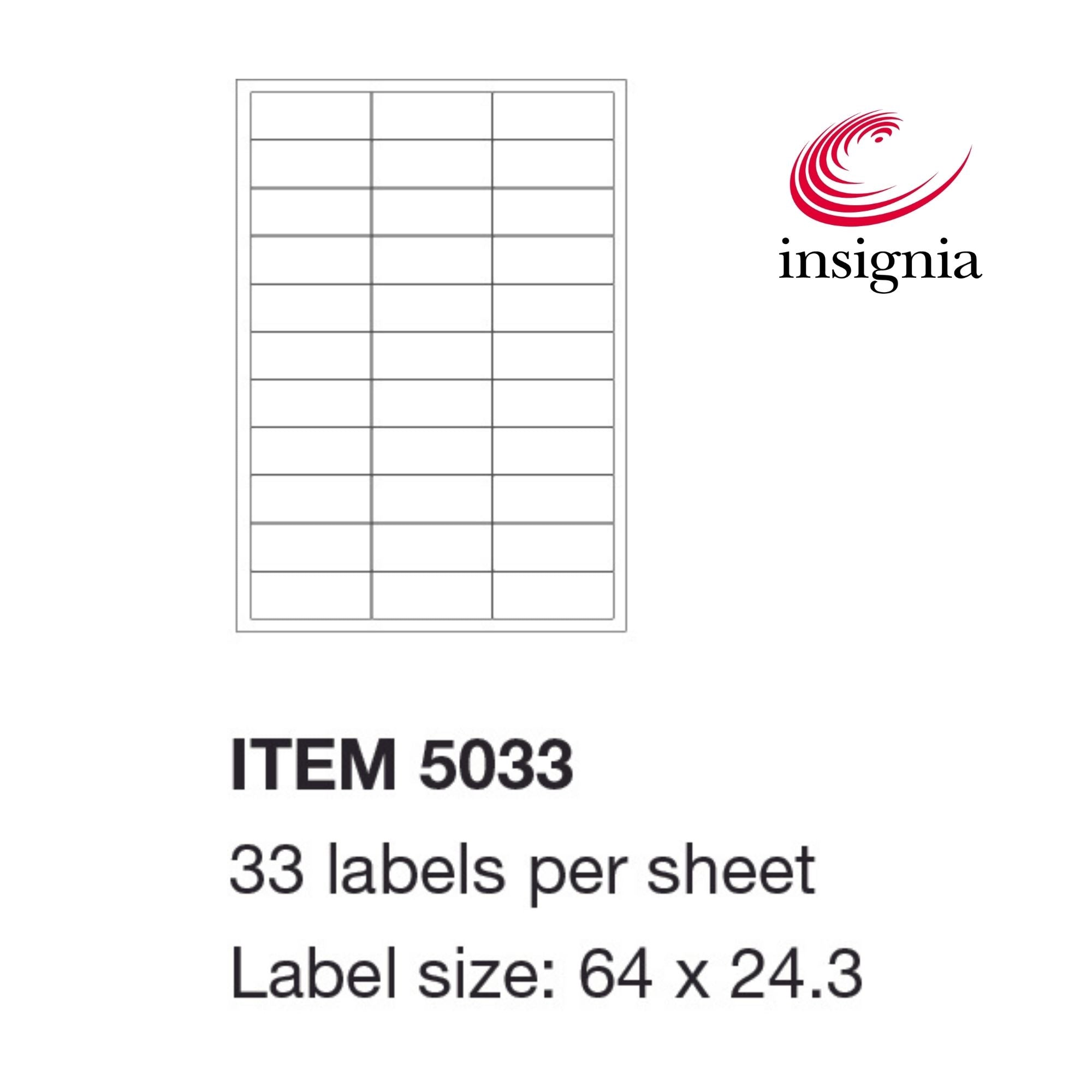 White Laser Labels 64mm x 24.3mm x 100 Sheets (33 per sheet) - insignia